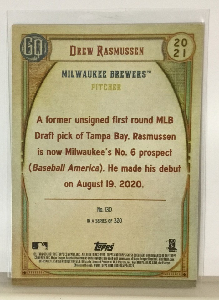 2021 TOPPS DREW RASMUSSEN GYPSY QUEEN SCRIPT FONT ROOKIE #130 BREWERS ...