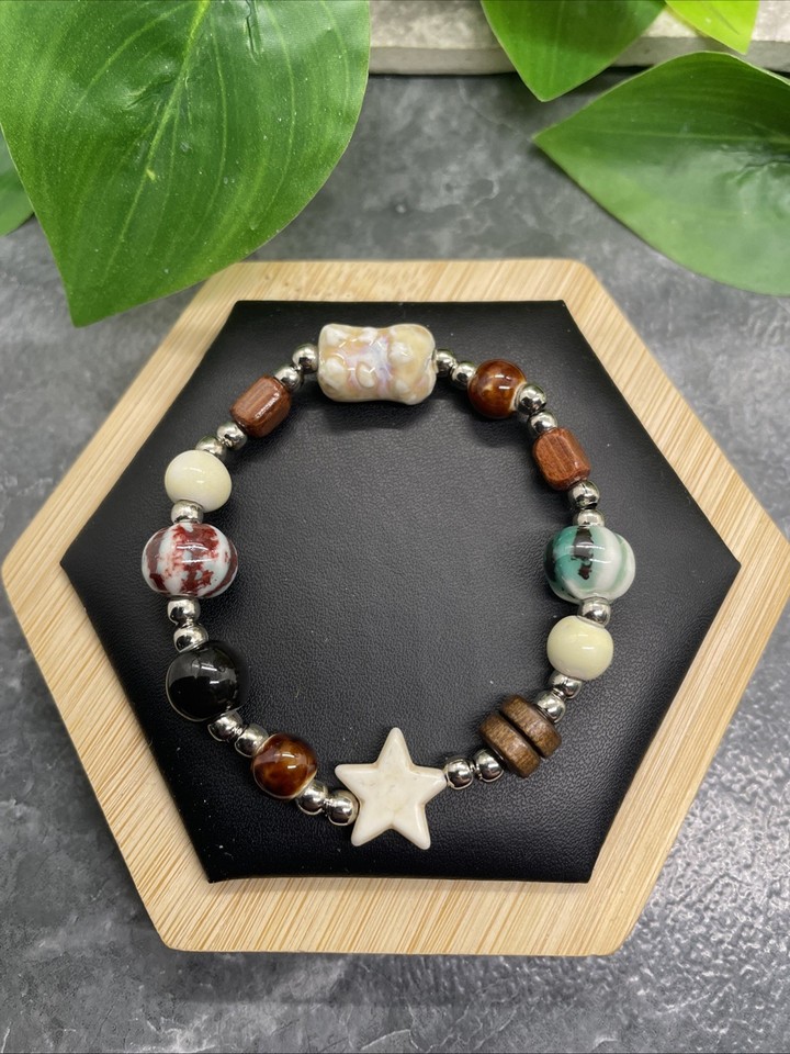 Handmade Ceramic Bead Beaded Stackable 6.25” Plus Stretch Bracelet New ...