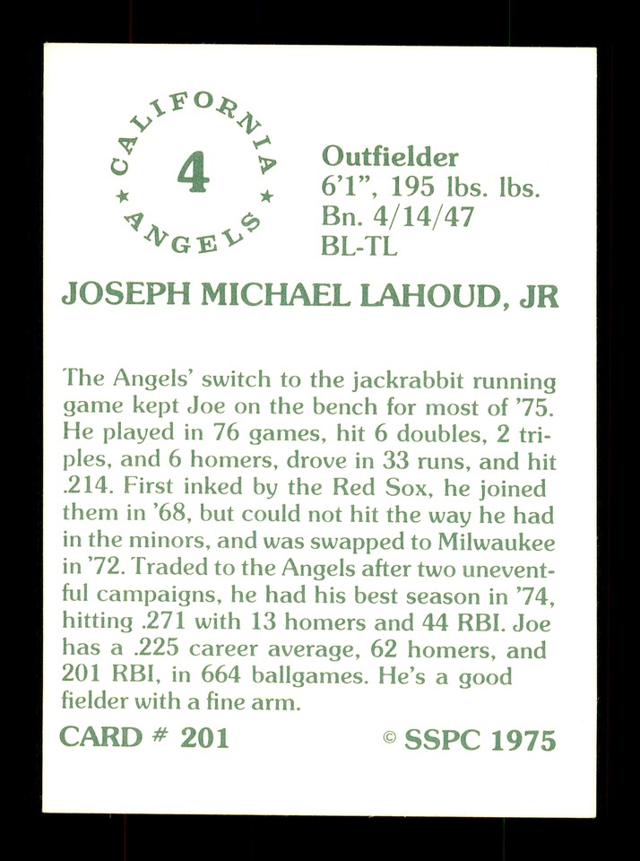 Joe Lahoud Autographed Signed 1975 SSPC Card #201 Angels "Best Wishes ...