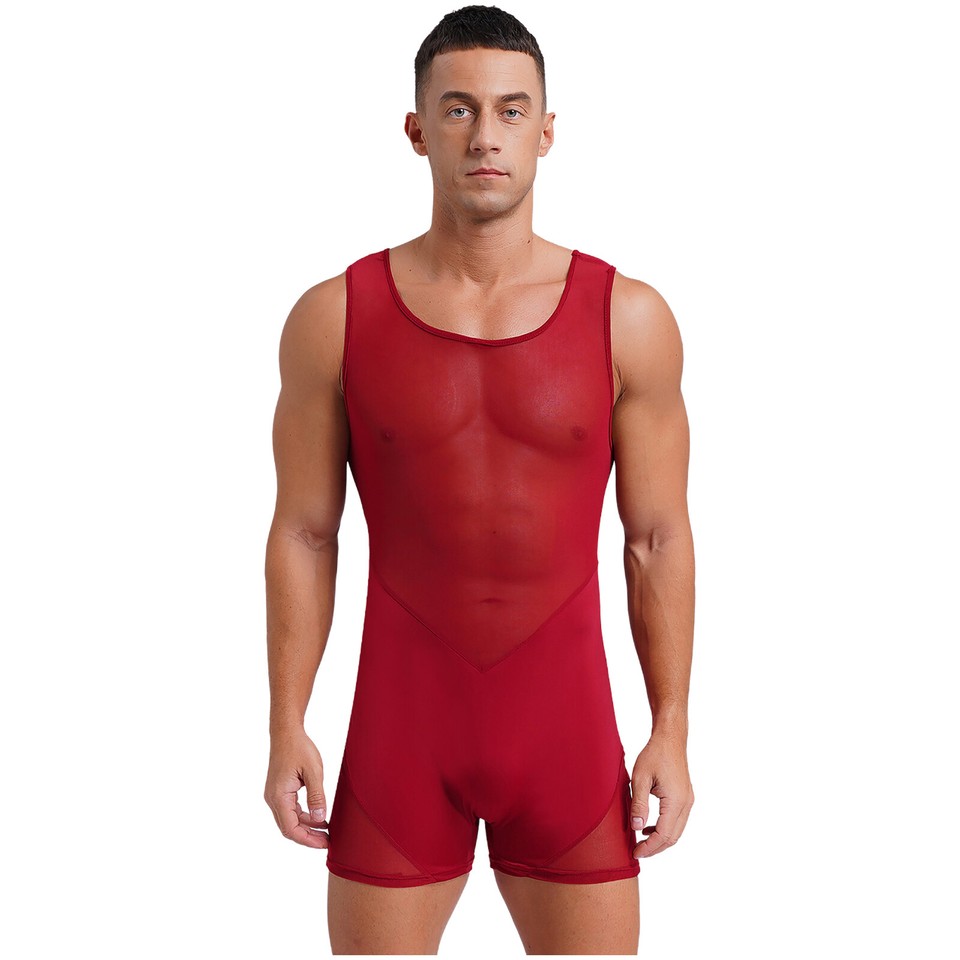 Mens Sports Wrestling Singlet Sheer Athletic Jumpsuit Mesh Bodysuit ...