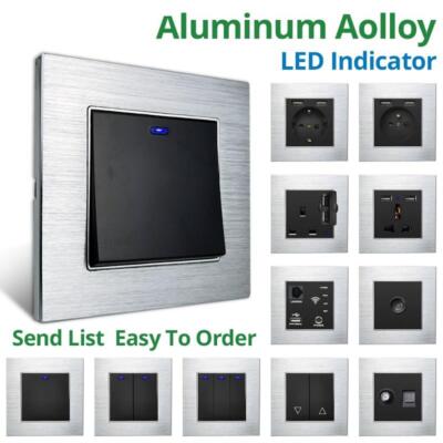 Wall Light Switches LED Silver Aluminum Alloy Panel Power Sockets USB ...
