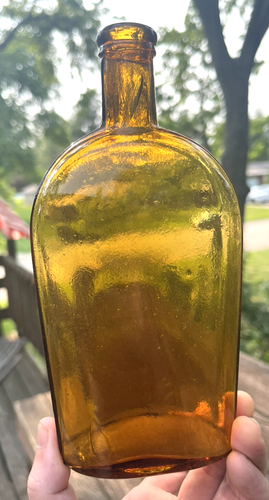 NICE GOLDEN AMBER STRAP SIDE WHISKEY FLASK PINT APPLIED LIP 1880s ERA ...