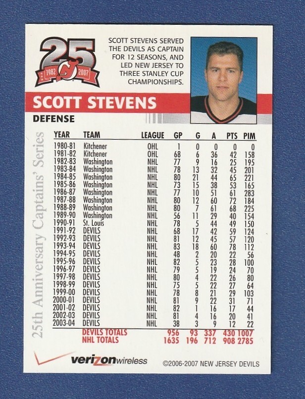 SCOTT STEVENS 2006-07 Verizon PROMO Devils Arena Giveaway Card New ...