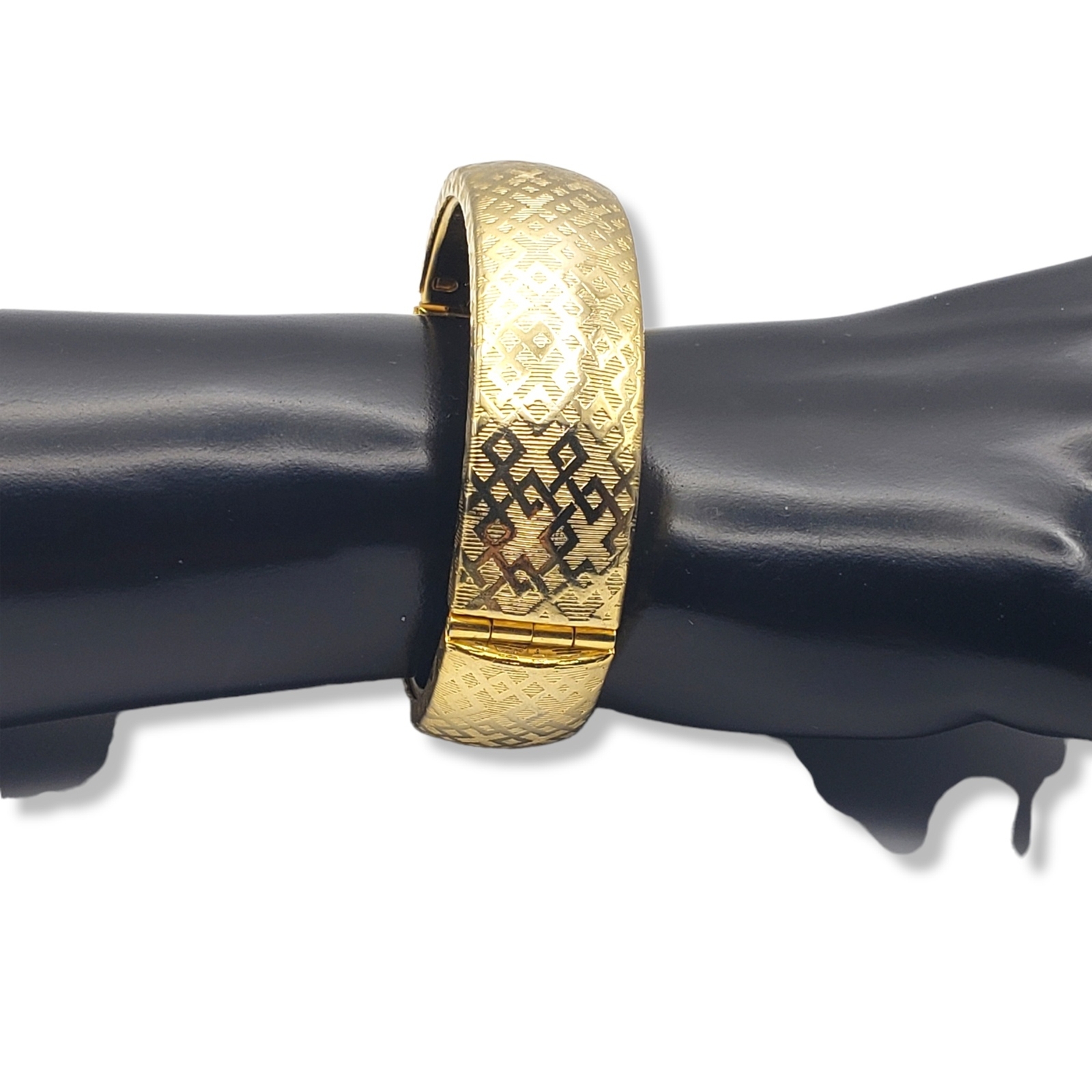 Vintage Hinged Gold Tone Stamped Metal Bangle Bracelet - Gem