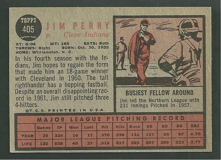 1962 Topps #405 Jim Perry Vintage Baseball Card MLB Cleveland Indians ...