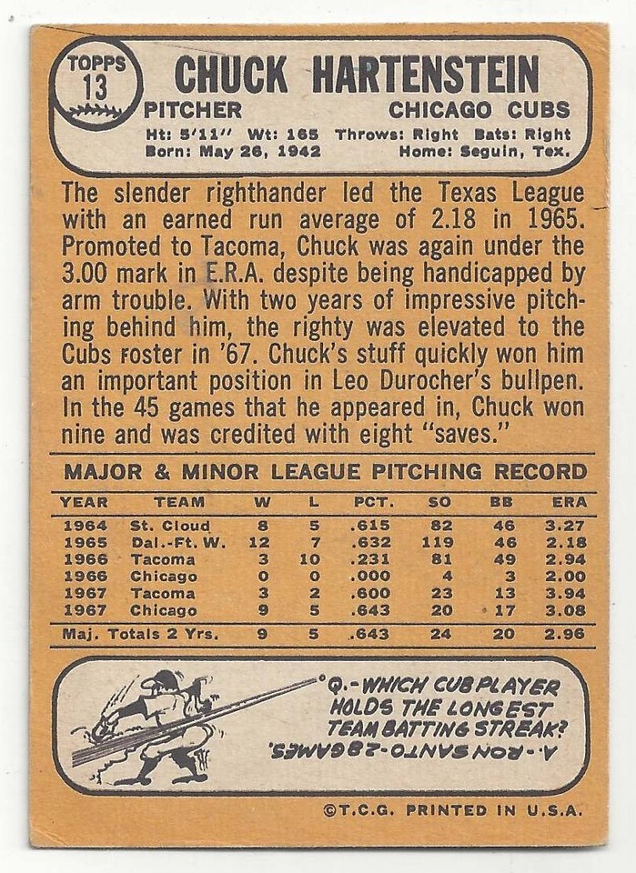 CHUCK HARTENSTEIN CHICAGO CUBS 1968 TOPPS #13 SIGNED CARD | eBay