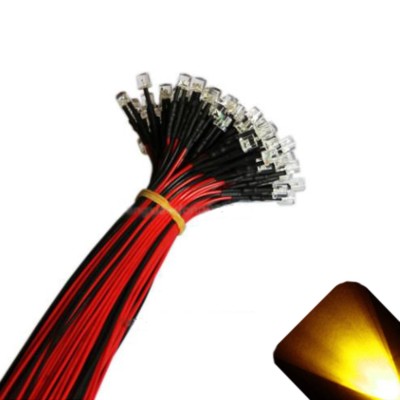 100 x 12v 5mm Flat Top Pre Wired Yellow Gold LED Wide Angle 13v 14v 15v ...