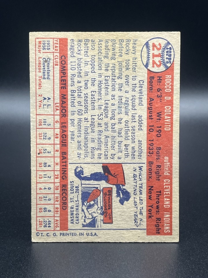 1957 Topps Baseball - Rocco Colavito #212 FR/GD | eBay