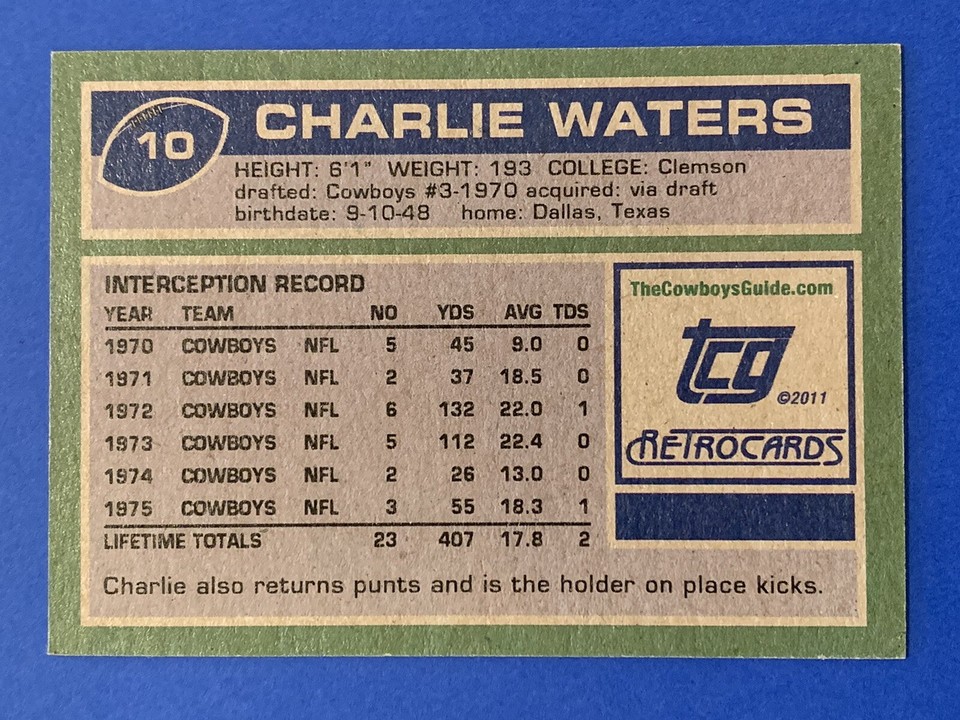 CHARLIE WATERS Signed 2011 Retro Cards 1976 Cowboys Clemson HOF ...