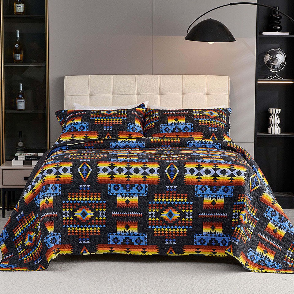3 Pcs Boho Colorful Polyester Quilt Set, Geometry Printed Bedspread ...
