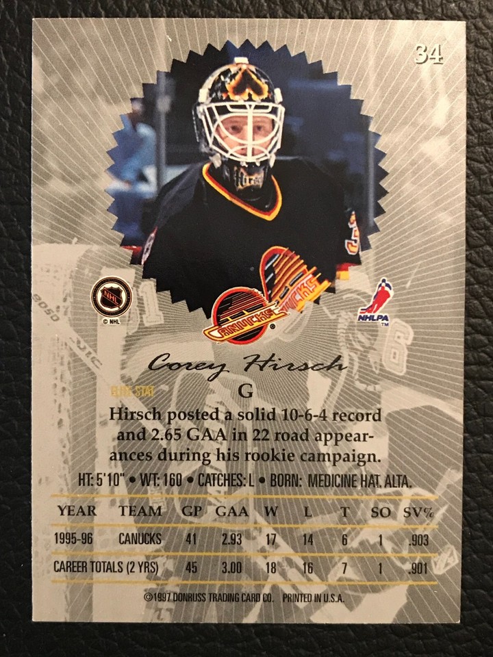Corey Hirsch 1996-97 Donruss Elite Hockey #34 Vancouver Canucks | eBay