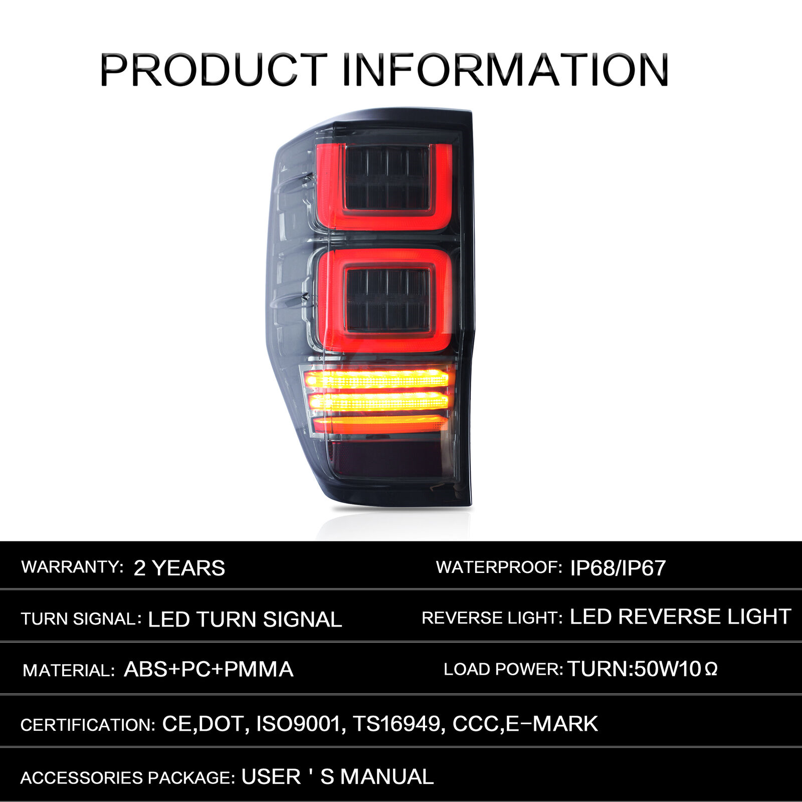 VLAND LED Tail Lights Brake Reverse Light Fit For Ford Ranger T6 T7 T8 ...