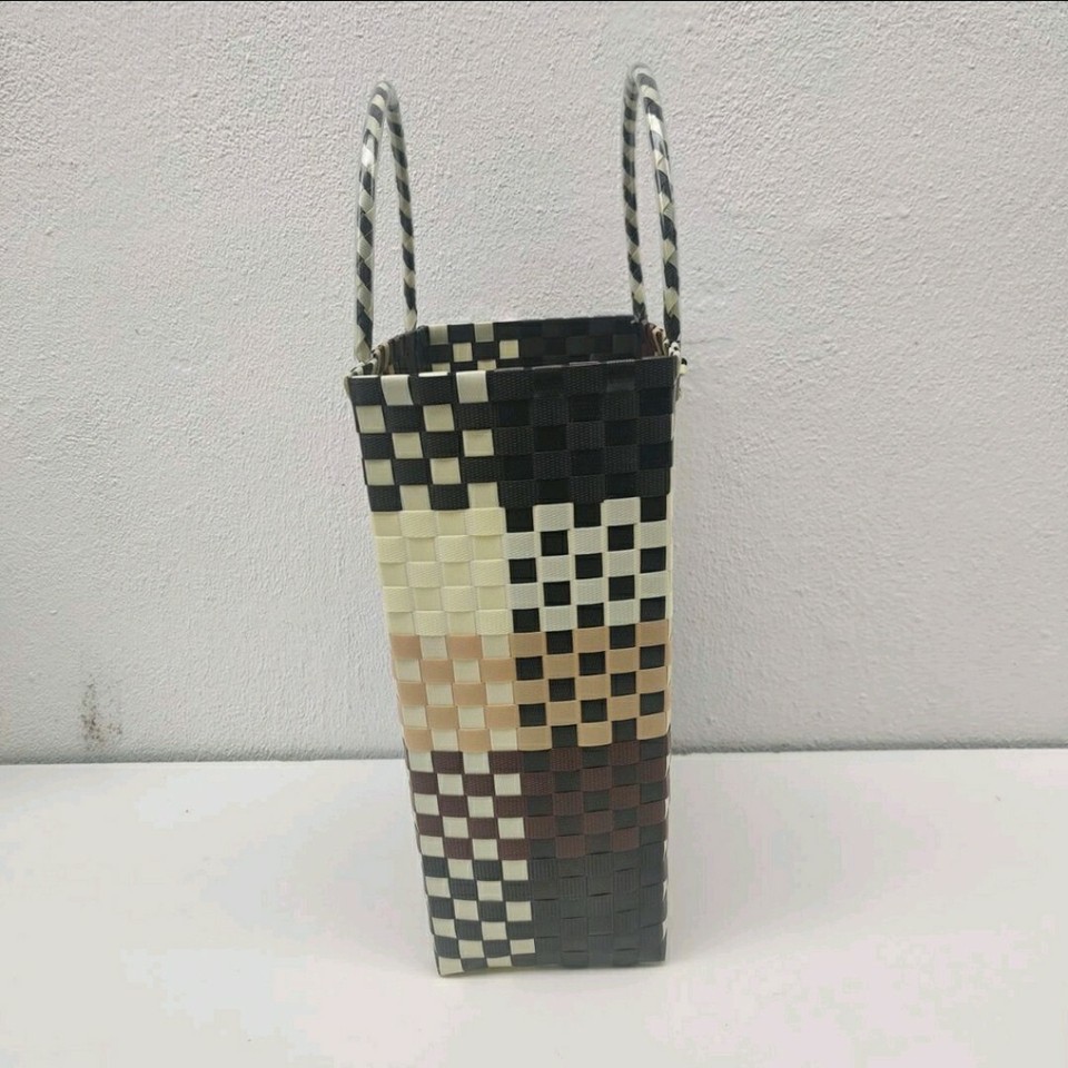 Woven Plastic Bag Tote Craft Basket Purse Vintage Bucket Strap Beach ...