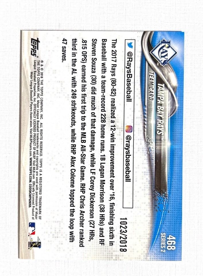 Tampa Bay Rays Team Card ~ 2018 Topps ~ Gold 1023/2018 #468 | eBay