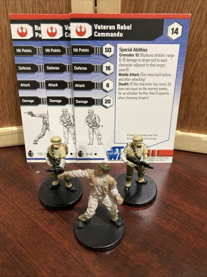 Star Wars Miniatures Lot - Rebel Commando Mini Squad - 3 Figs & Cards ...
