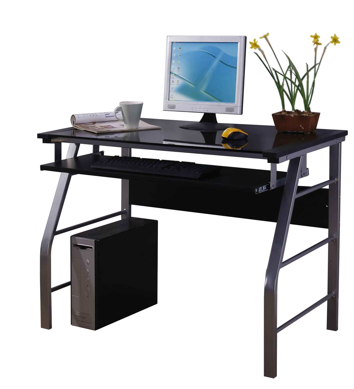 Home & Office Metal and Glass Workstation Computer Desk with Keyboard ...