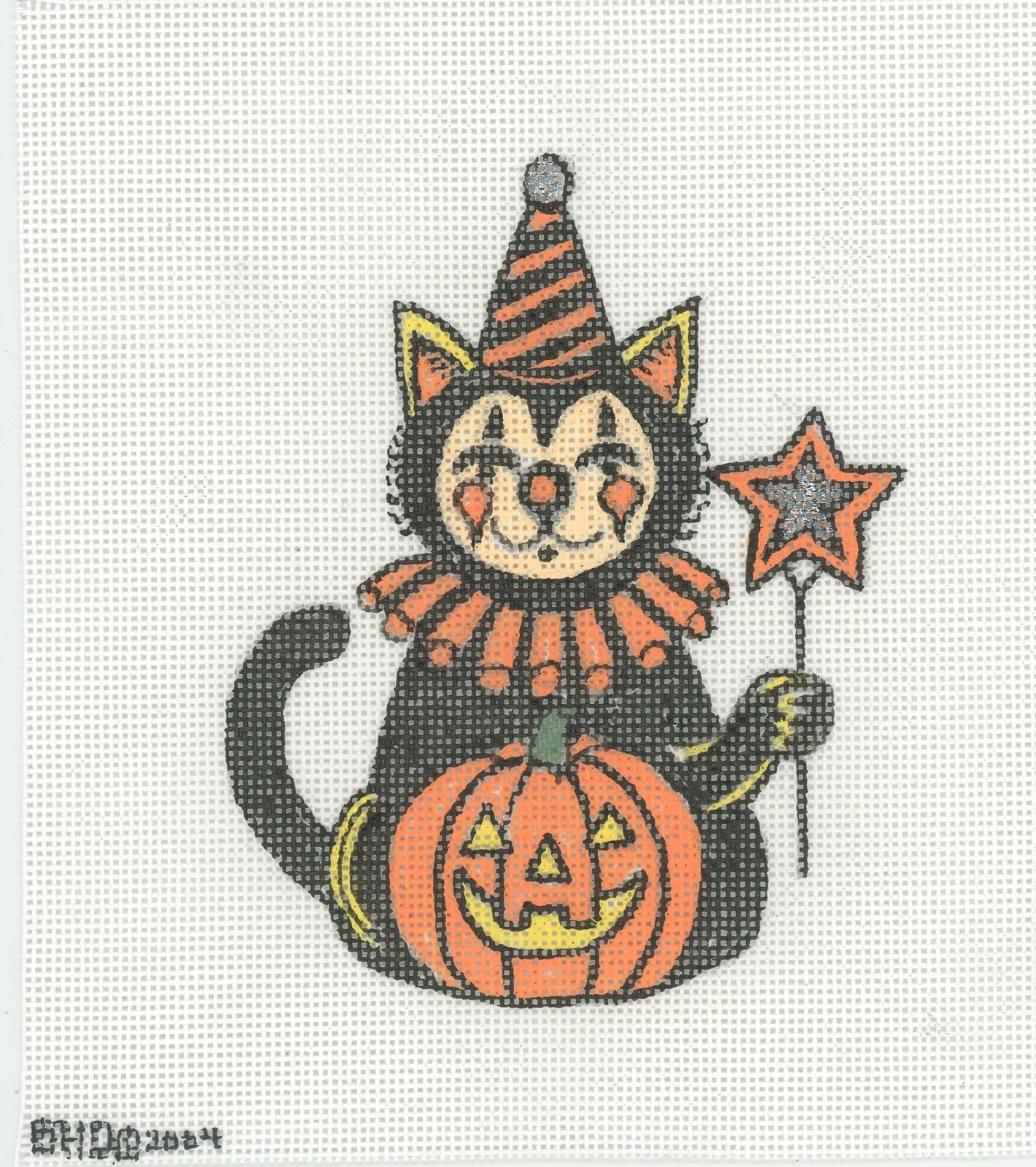 BH Designs Needlepoint Jester Cat Pumpkin Halloween Hand Painted 18ct ...