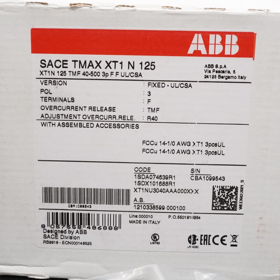 ABB Sace Tmax XT1 N 125 3p 40A Circuit Breaker | eBay