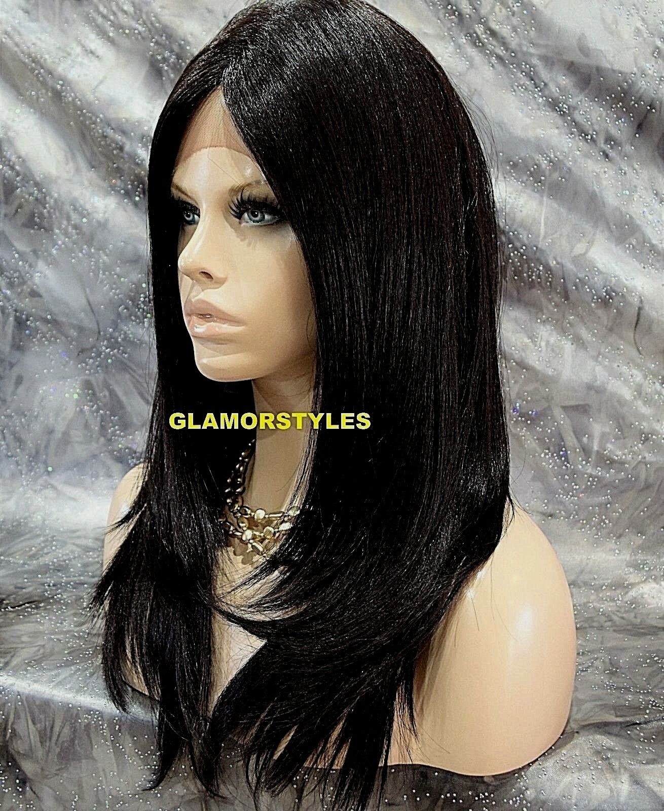FREE PART LACE FRONT FULL WIG LONG STRAIGHT LAYERED OFF BLACK #1B HEAT ...