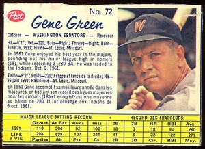 1962 POST CANADIAN BASEBALL #72 GENE GREEN VG-EX WASHINGTON SENATORS ...