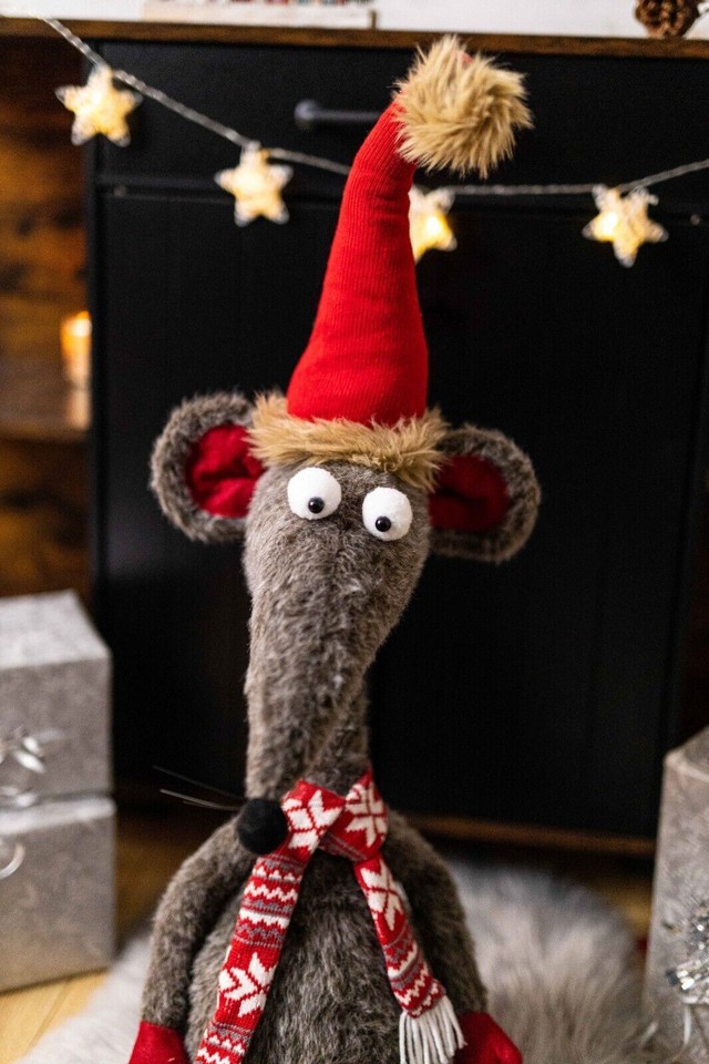 Christmas Rat Ornament Large Soft Plush Decoration Grey Standing ...