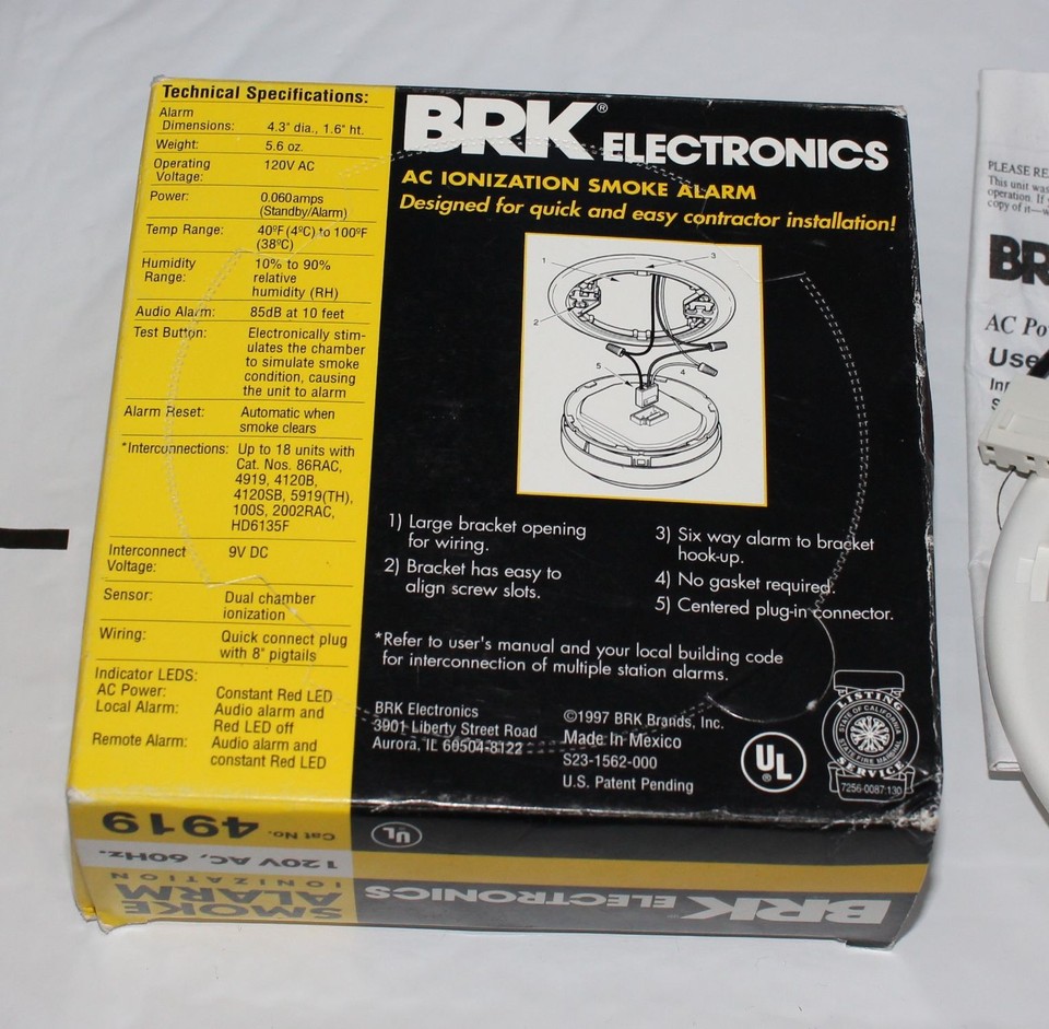 BRK First Alert 4919 Hardwired Ionization Smoke Detector 120VAC - New ...