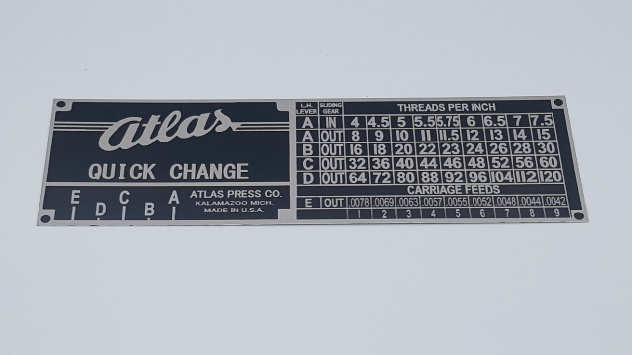 ATLAS 10 INCH LATHE QUICK CHANGE GEARBOX THREAD CHART TAG LABEL | eBay