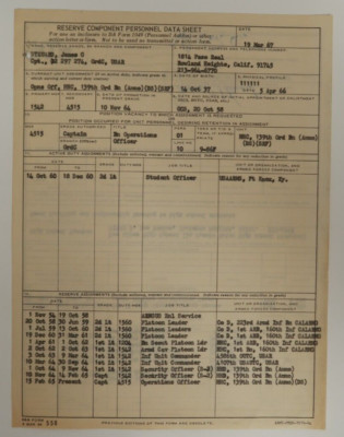 Reserve Component Personnel Data Sheet 1967 Form DA 1049 USAR OrdC ...