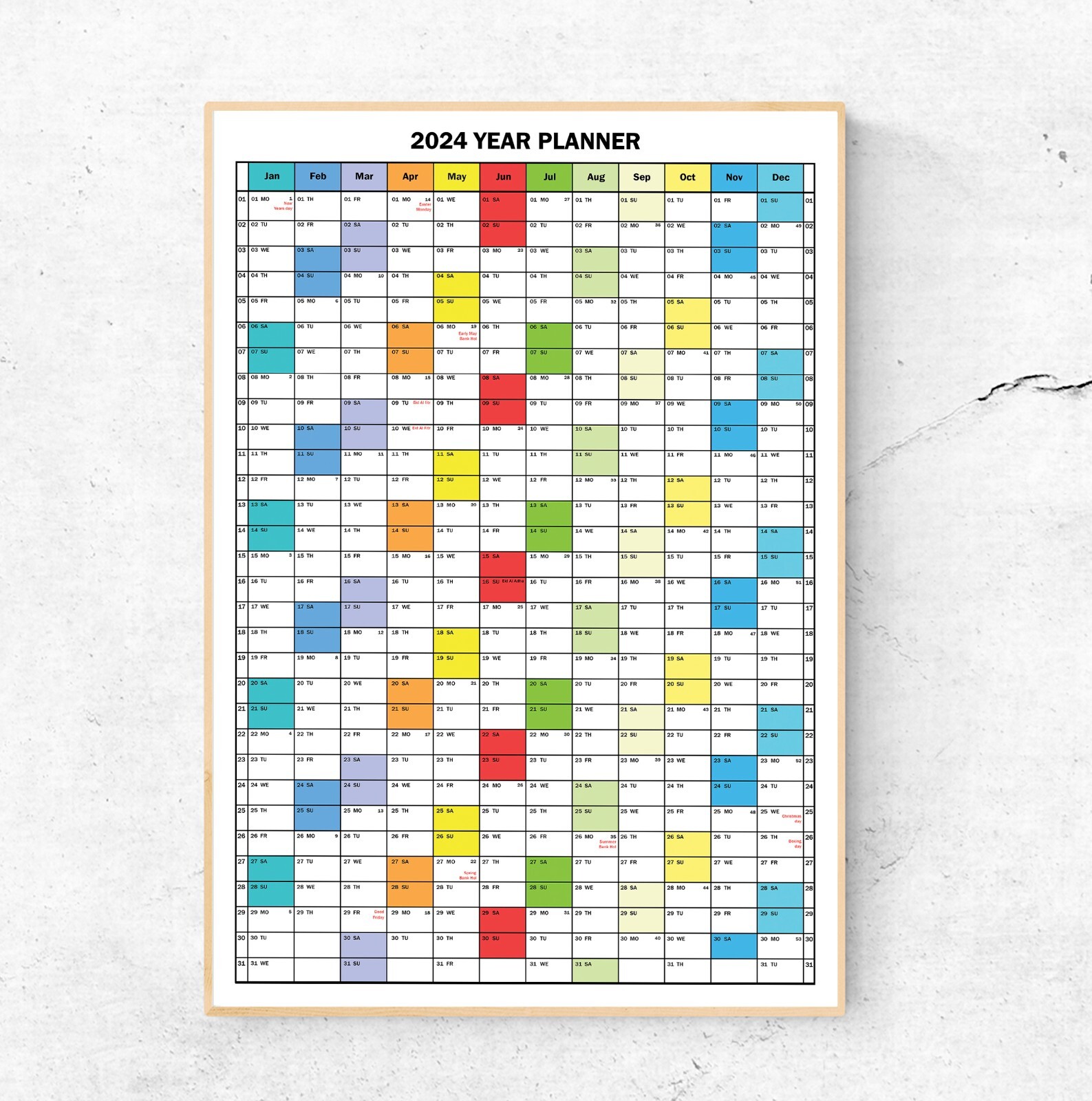 Year Planner Annual 2024 Portrait wall chart Organiser Work Rota ...