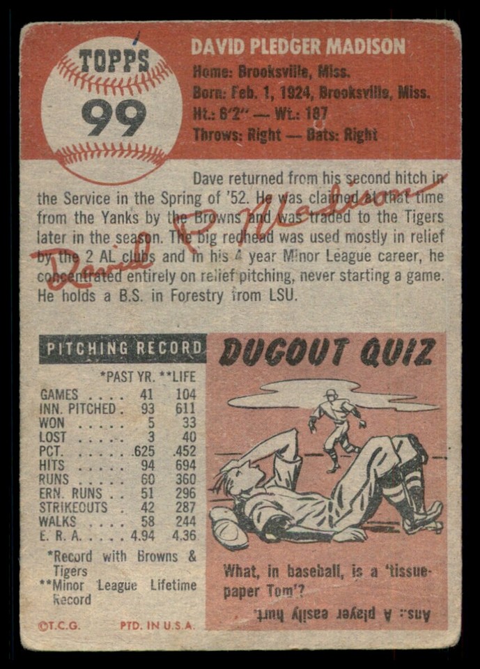 1953 Topps Dave Madison #99 Detroit Tigers Fair Set Break | eBay