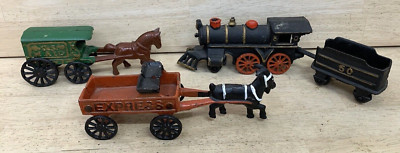 LOT 4 CAST IRON STEAM LOCOMOTIVE Train Coal Cart Horse Buggy US Mail ...
