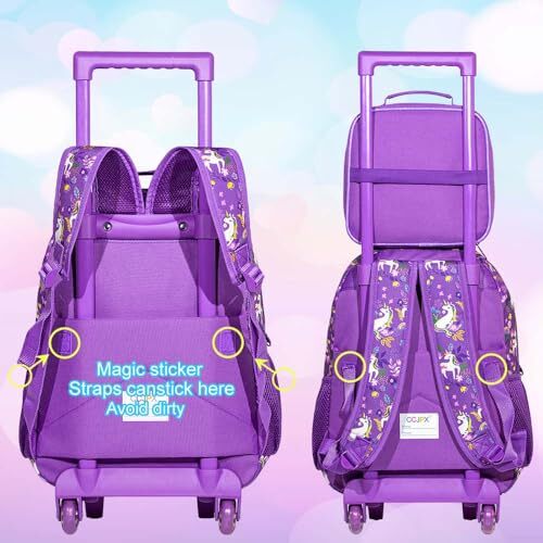 Kids Rolling Backpack for Girls, Roller Wheels Purple Unicorn Rolling ...