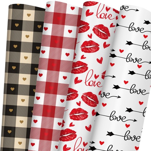 Wedding Wrapping Paper for Men Women-BlackRedBrown PlaidHeartSweet Love ...