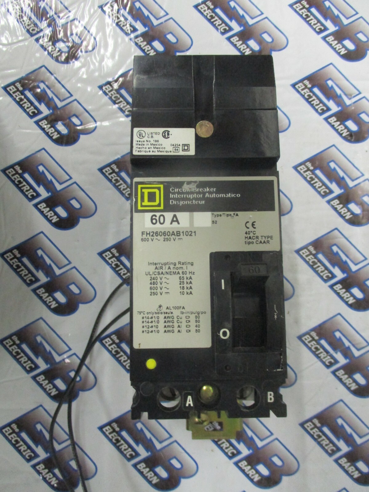 SQUARE D FH26060AB1021, 60 AMP 2 POLE 600 VOLT BREAKER, GREY W/ ST ...