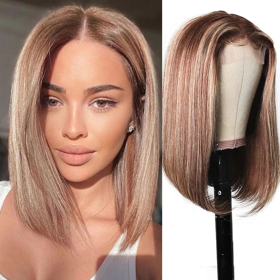 Highlight Short Bob Wigs Lace Front Wigs Human Hair 4/27 Honey Blonde ...