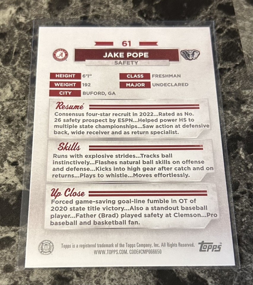 2023 BOWMAN U ALABAMA CRIMSON TIDE FOOTBALL CARD JAKE POPE #61 Pack ...