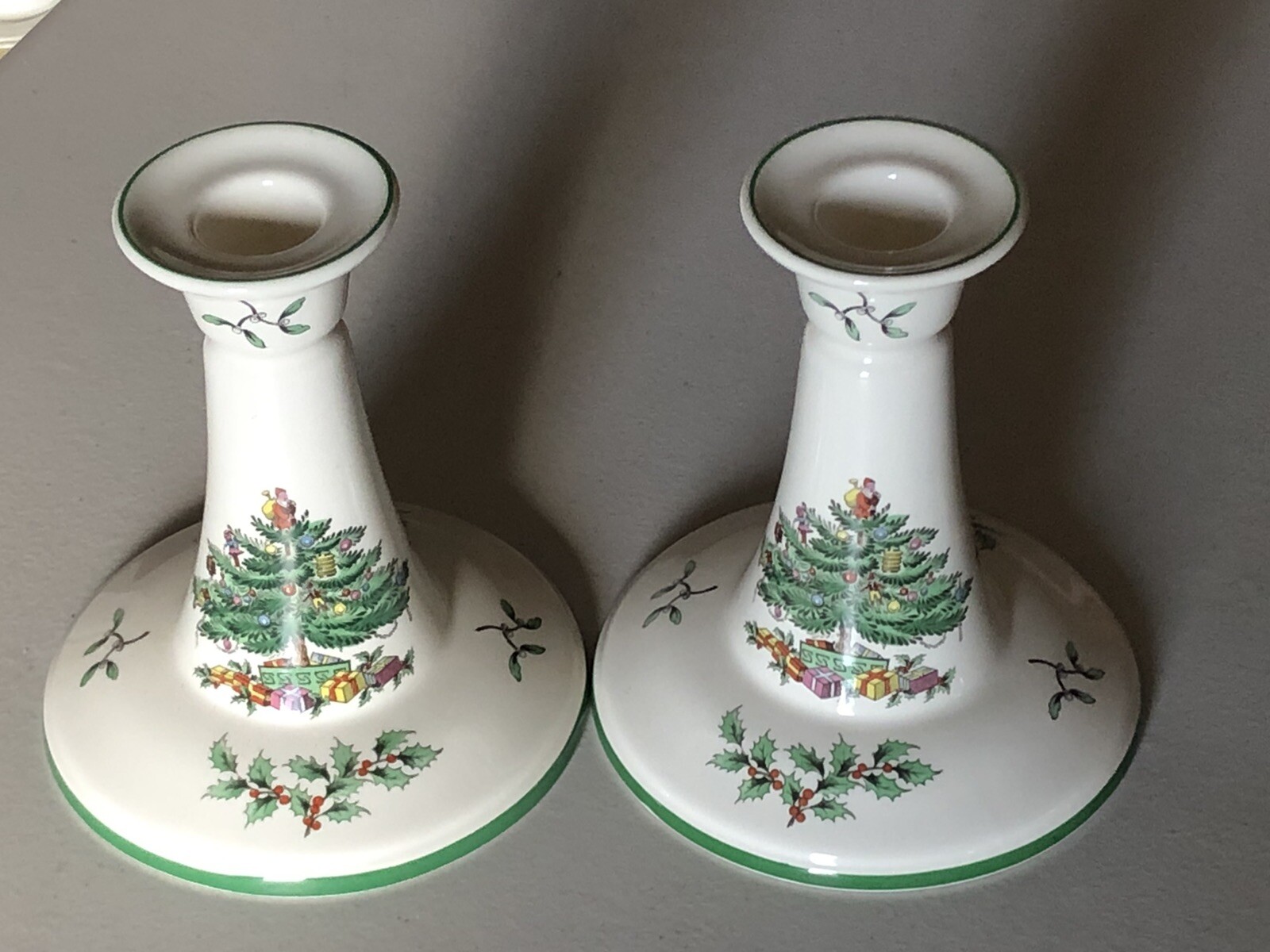 2 SPODE CHRISTMAS TREE GREEN TRIM PORCELAIN CANDLE HOLDERS ENGLAND | eBay