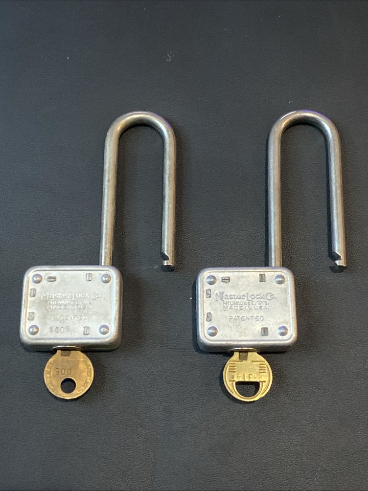 2 Vintage MASTER LOCK Padlock Lion Face Long Shackle 77 Works w/ Keys ...