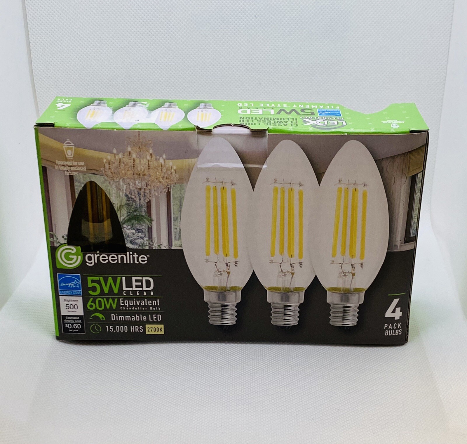 Greenlite 5W LED Clear Chandelier Lightbulbs Dimmable LED 60W 15k Hrs ...