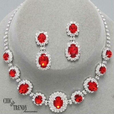 RED & CLEAR CRYSTAL FORMAL NECKLACE FASHION PRETTY WOMAN STYLE JEWELRY ...