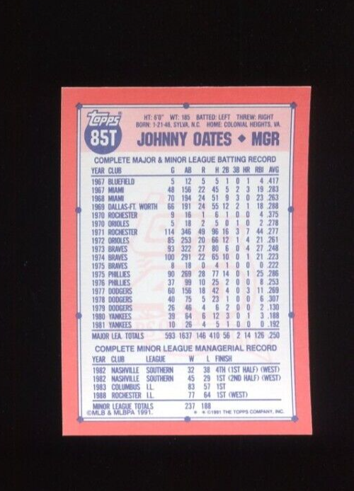 1991 TOPPS TRADED TIFFANY #85T JOHNNY OATES BALTIMORE ORIOLES MANAGER ...