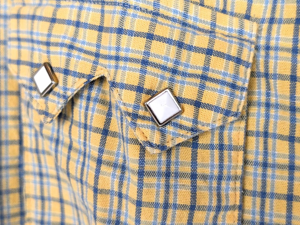 VTG Tru West Rockmount Ranch Wear Yellow Blue Plaid Diamond Snaps 6453 ...
