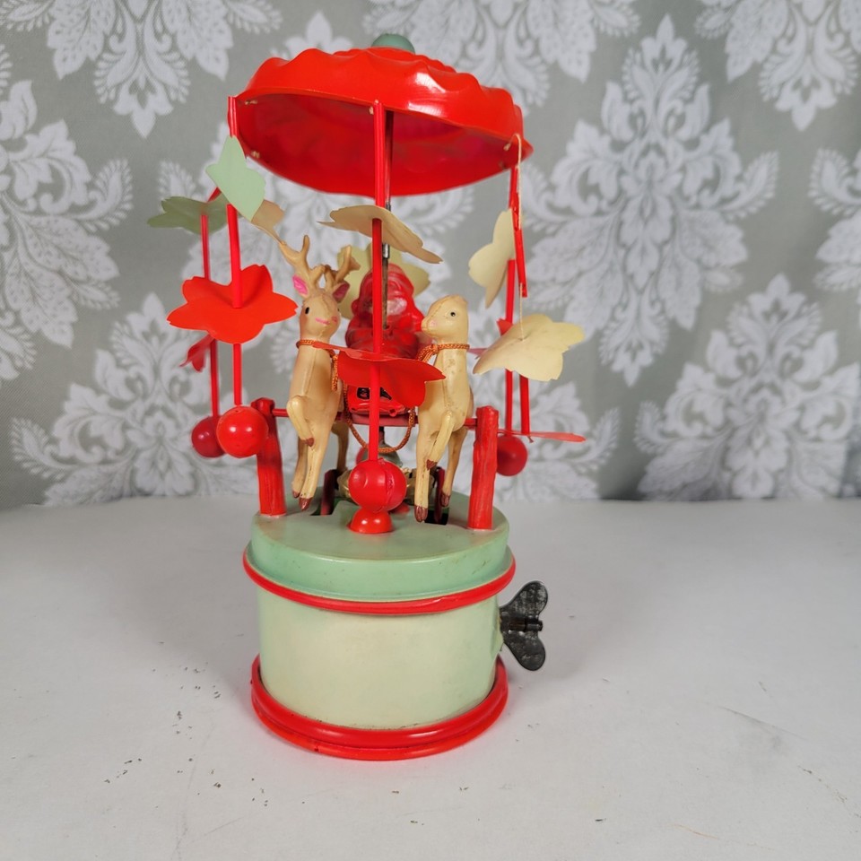 Vintage Plastic Celluloid Christmas Santa & Reindeer Wind Up Toy WORKS ...