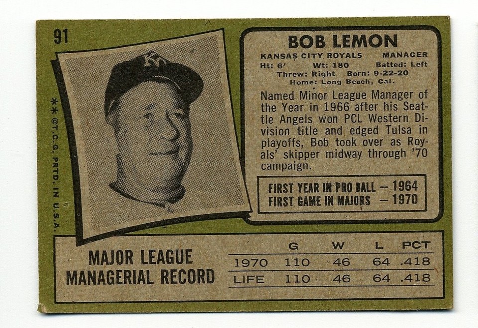 1971 TOPPS KANSAS CITY ROYALS BOB LEMON #91 HALL OF FAME | eBay