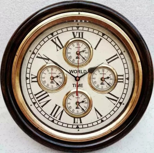 Luxury Nautical Brass Wooden Wall Clock Vintage World Time Decor ...