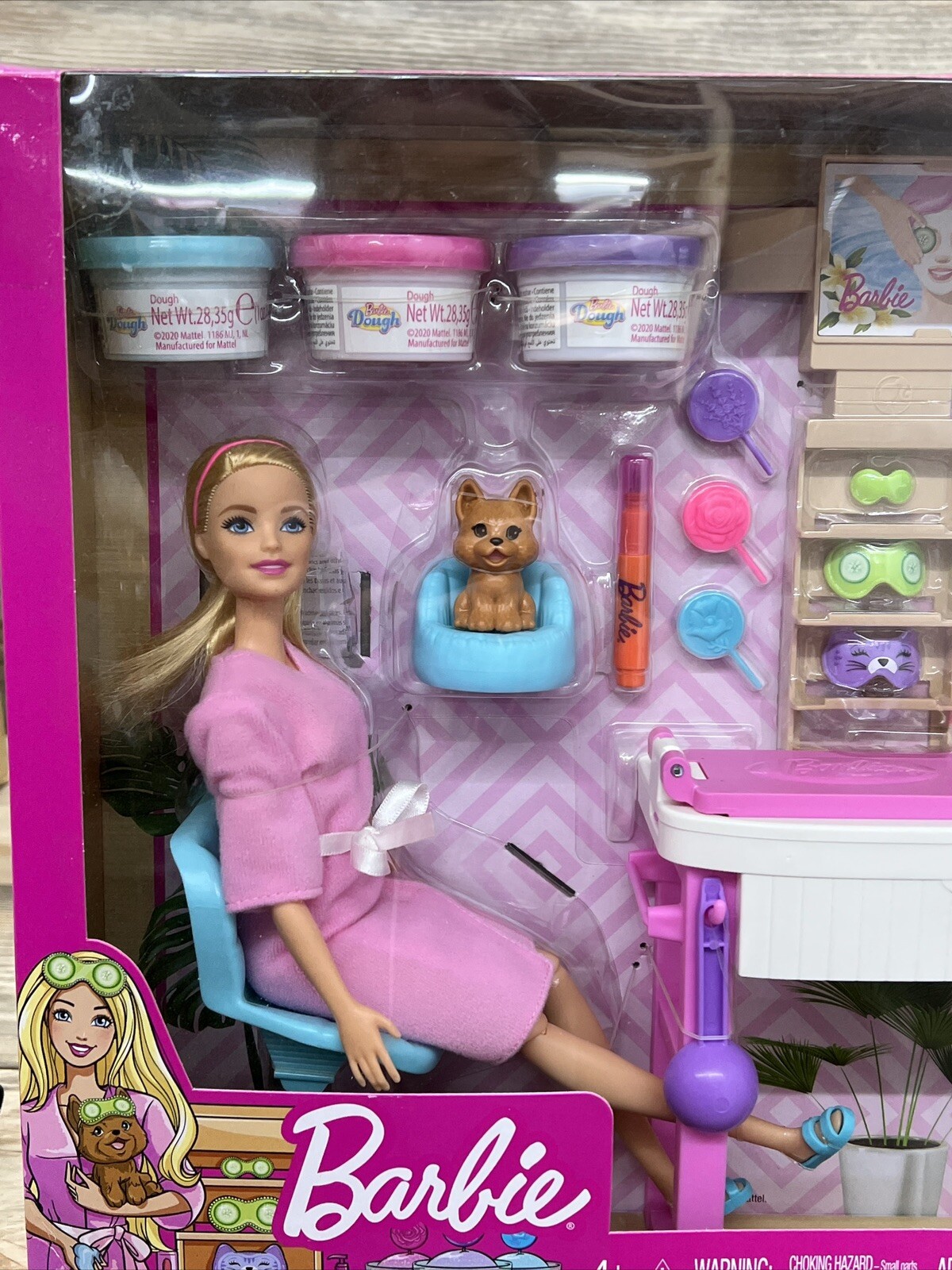 New Barbie Face Mask Spa Day Playset w/Blonde Barbie Doll Puppy, 3 Tubs ...