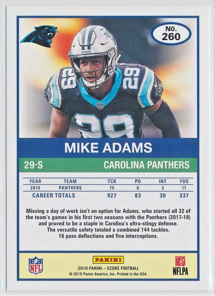2019 Panini Score - Mike Adams - Carolina Panthers - SCORECARD - #260 ...