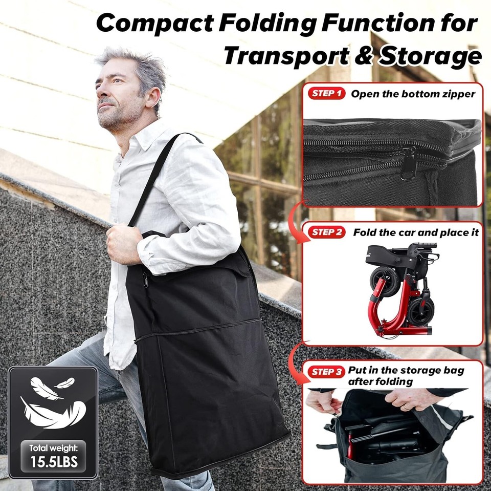 All-Terrain Rollator Walker for Seniors Rubber Wheels Foldable ...