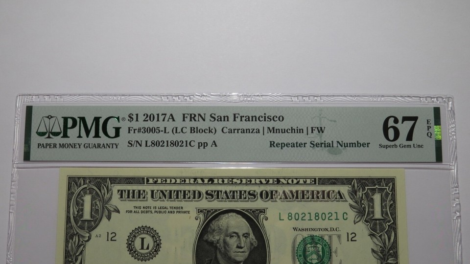 $1 2017 Repeater Serial Number Federal Reserve Currency Bank Note Bill ...