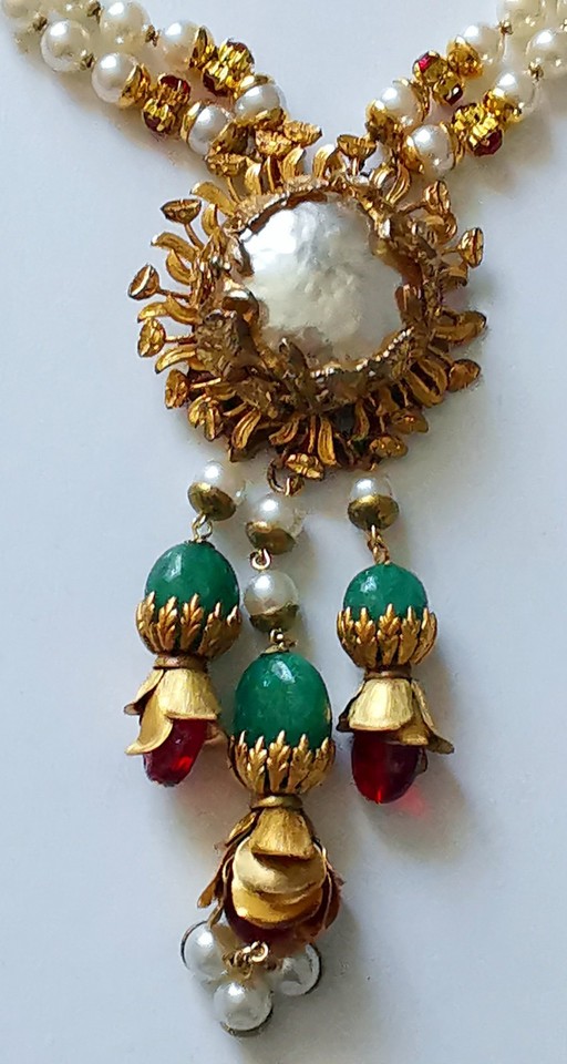 MIRIAM HASKELL 50'S SIGN 2-PC SET: PEARL~RUBY~JADE BEADS GOLD GILT ...